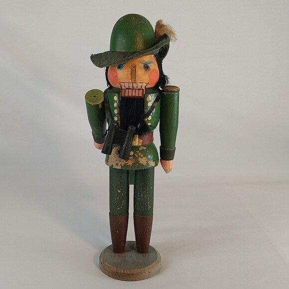 VTG Wooden Nutcracker Soldier Green German Folk Style Rustic Patina 14”
